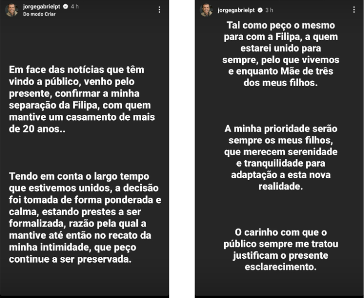 Jorge Gabriel anuncia fim do casamento de 23 anos com Filipa Gameiro ...
